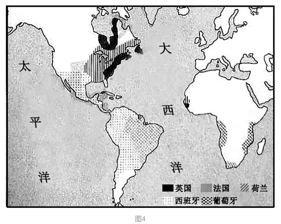 图4为某一时期欧洲主要殖民国家在美洲和非洲的殖民地分布示意图。这一时期 A 拉丁美洲民族独立运动兴起 B 大西洋三角贸易已走向衰落 C