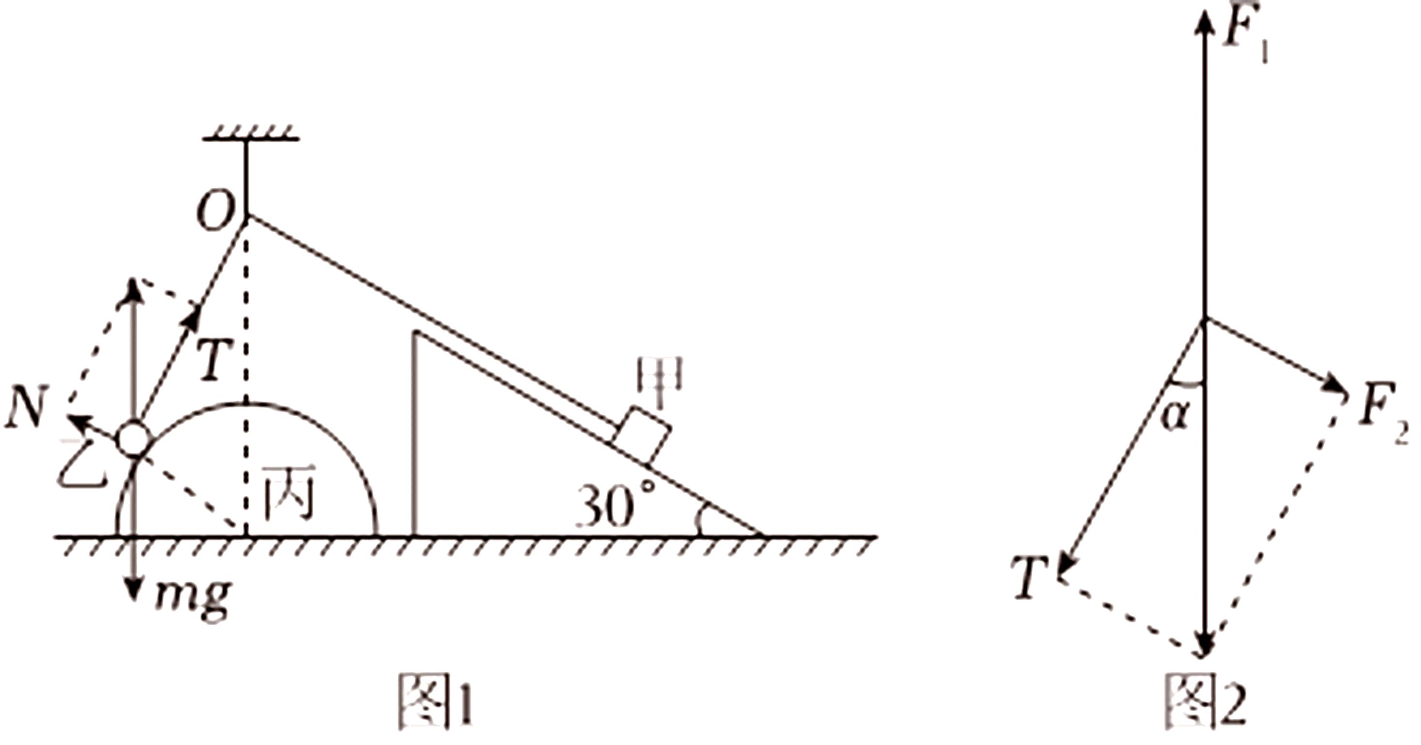 如图所示,倾角为30°的斜面体固定在水平面上,一横截面半径为r的半圆柱体丙放在水平面上,可视为质点的光滑小球乙质量为m,用轻绳拴接置于半圆柱上