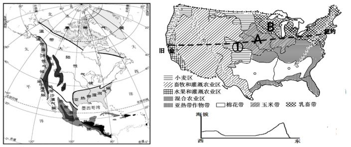 下图是北美洲气候类型分布图、美国区域图、沿①线剖面图。读图回答问题。1北美洲分布最广的气候类型是该洲西部沿海地带