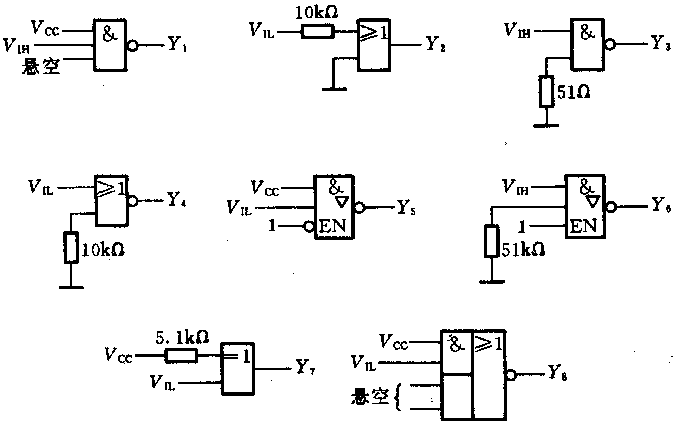 如图所示各门电路均为 74 系列 TTL 电路,分别指出电路的输出状态(高电平、低电平或高阻态)_百度教育