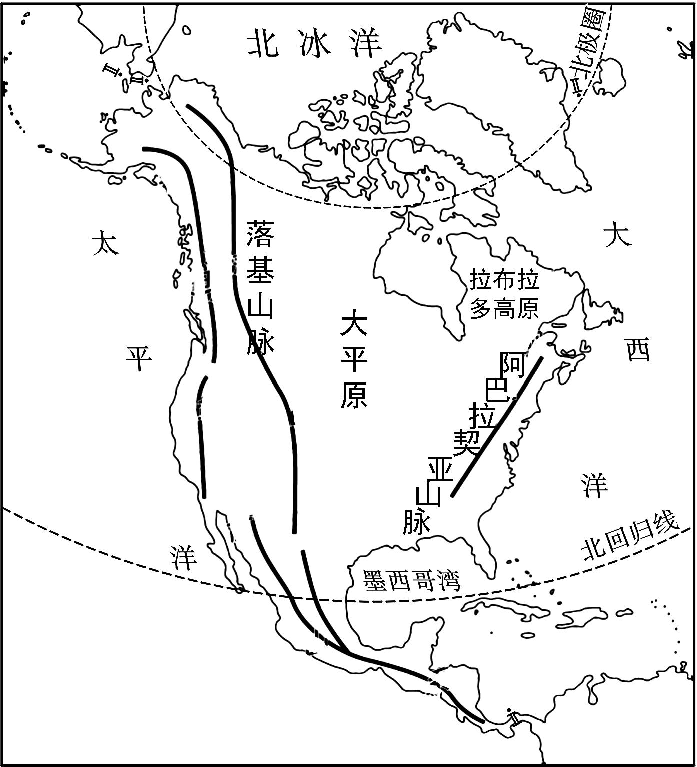 下图分别是北美洲地形图和北美洲气候类型分布图。读图，回答下列问题。地理位置：（1）从南北半球划分来看，北美洲位于 半球；从纬度位置来看，北美洲