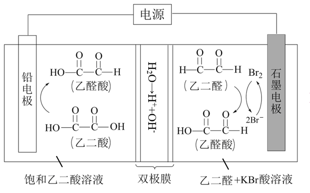 乙醛酸是一种重要的化工中间体可果用如下图所示的电化学装置合成。图中的双极膜中间层中的解离为和并在直流电场作用下分别问两极迁移。下列说法正确